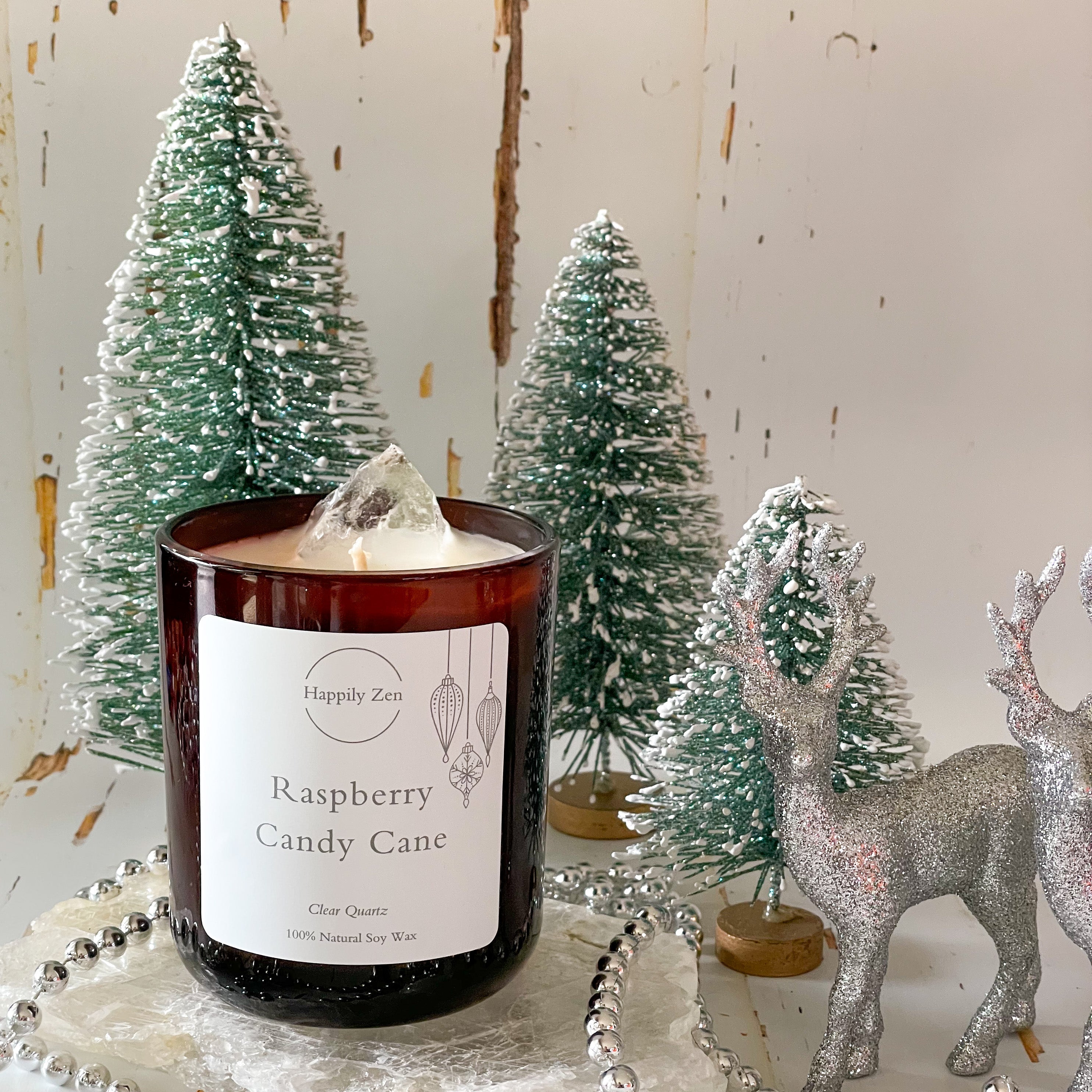 Raspberry Candy Cane - Crystal Infused Candle - Happily Zen